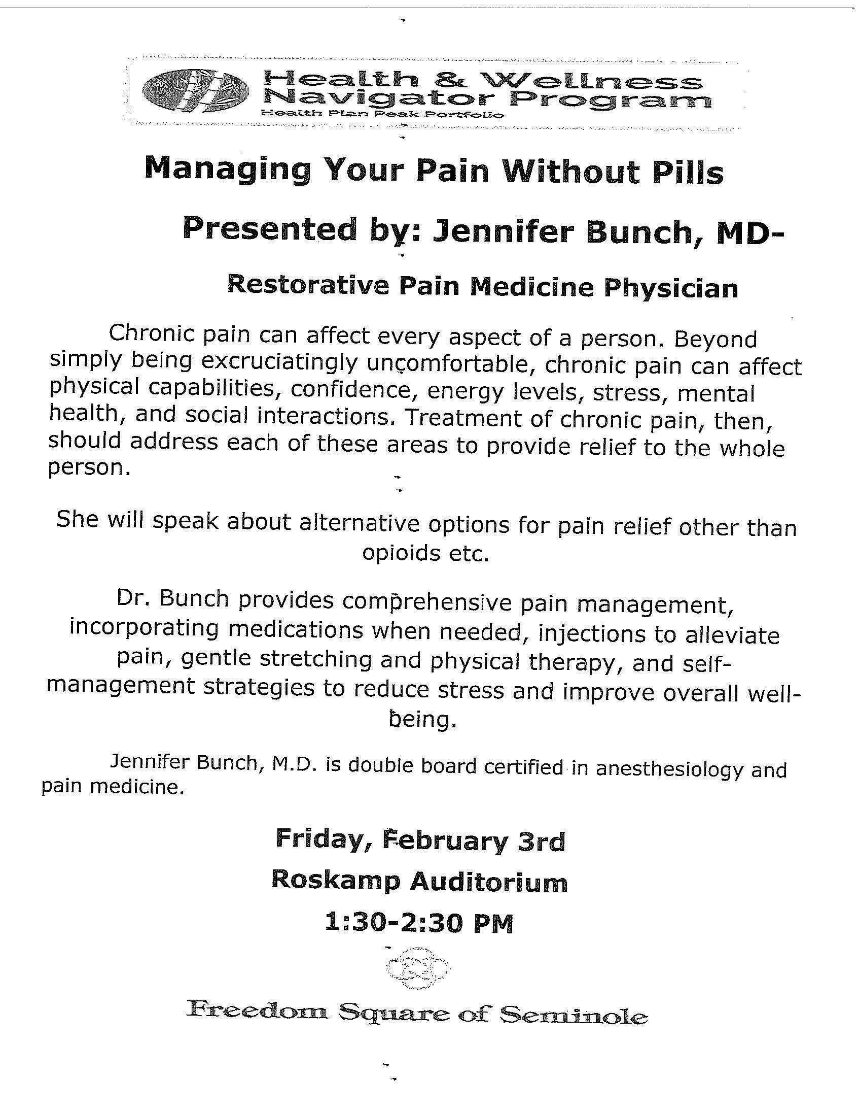 “Managing your Pain without Pills” – Restorative Pain Medicine Physicians